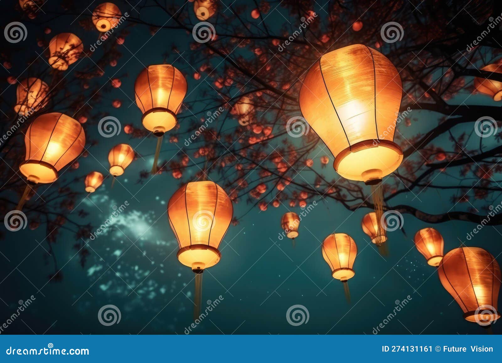 Multiple Lighted Chinese Lanterns Over Tree and Sky Created Using ...