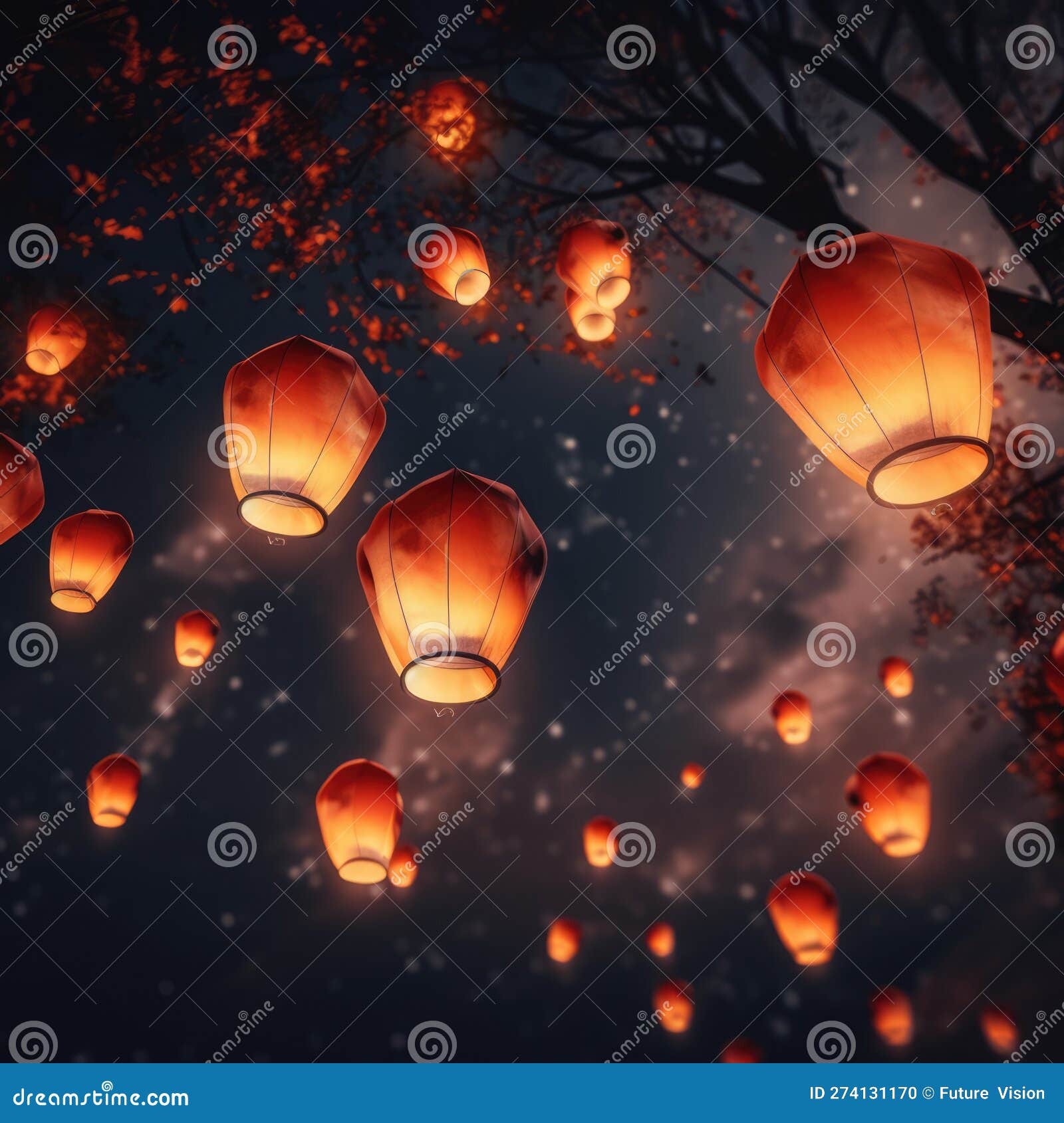 Multiple Lighted Chinese Lanterns Over Tree and Sky Created Using ...