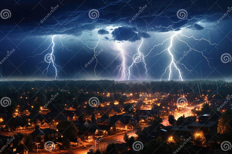 Multiple Lightning Strikes Over a City during a Thunderstorm Stock ...