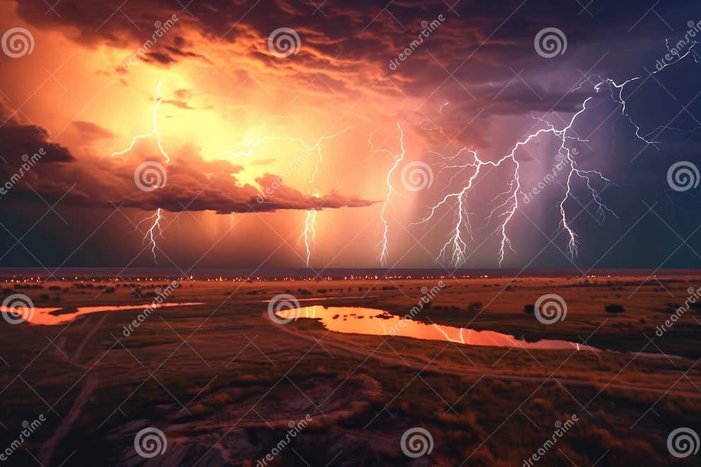 Multiple Lightning Strikes on a Vast Plain Stock Illustration ...
