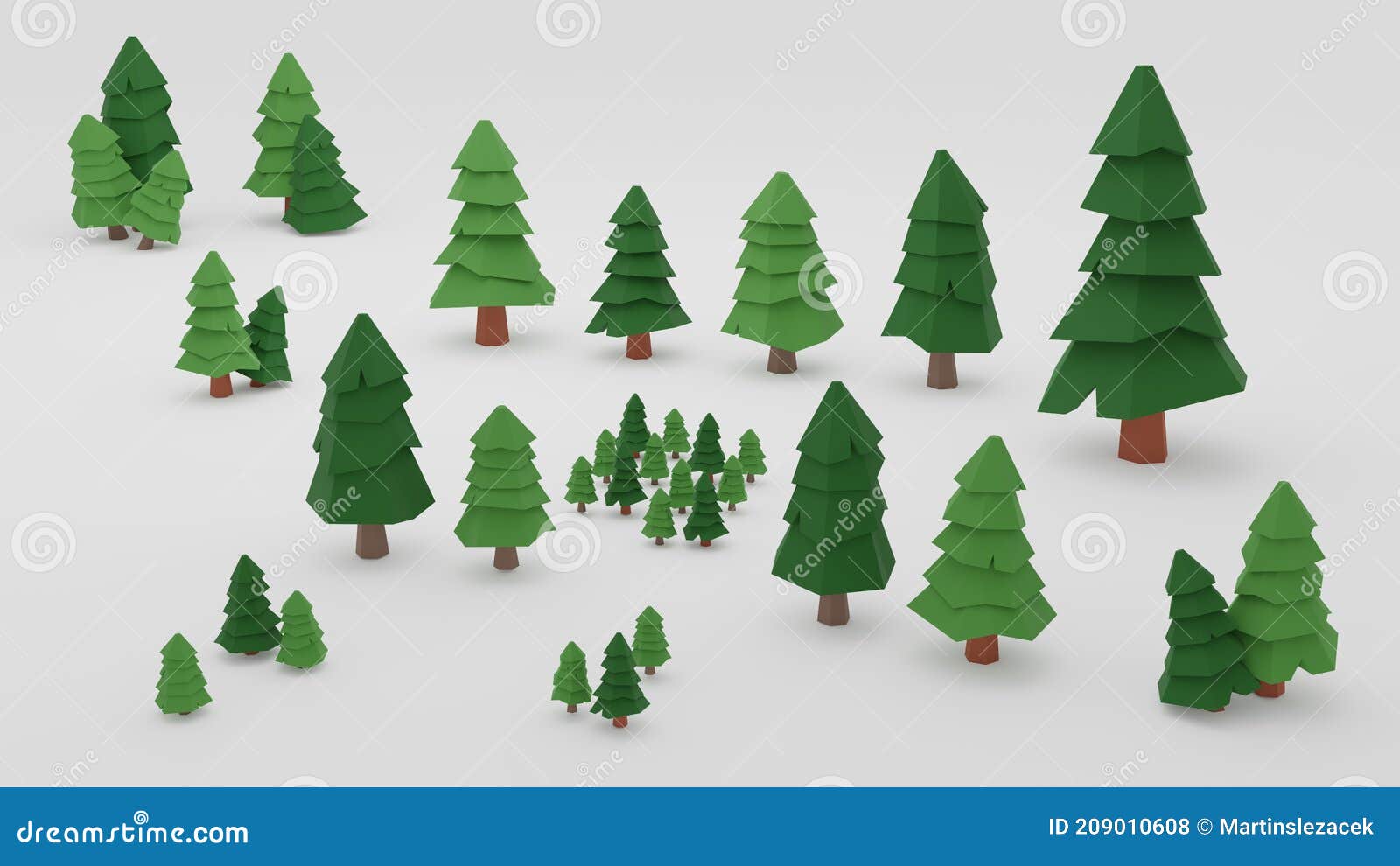 Multiple Low Poly Pine Trees are Placed on White Background. 3D Render ...
