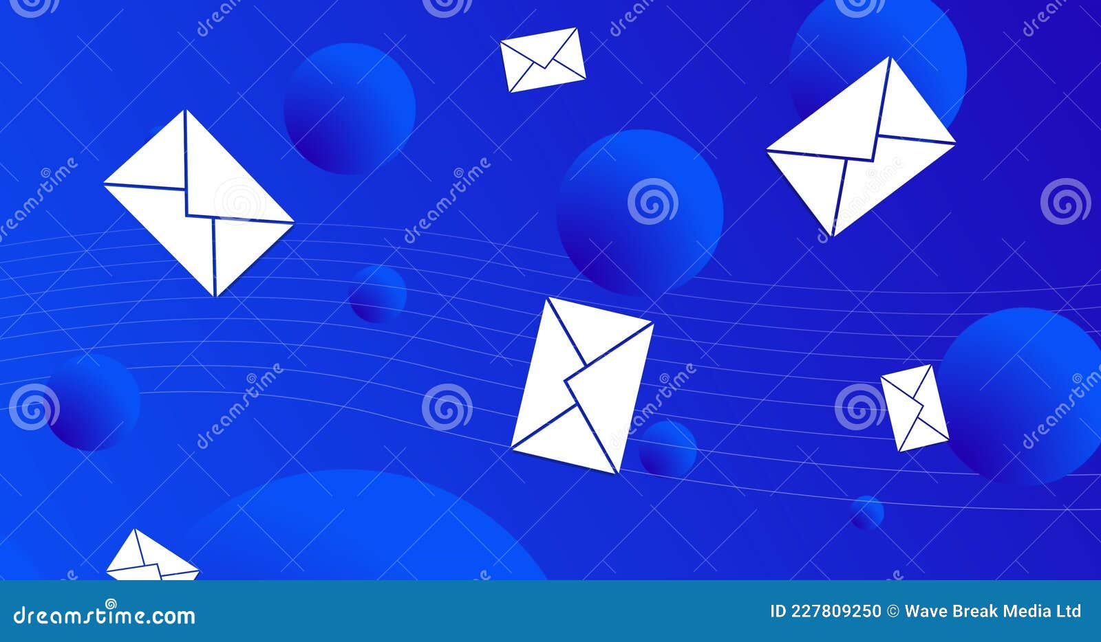 Multiple Message Icons Falling Against Spheres on Blue Background Stock ...
