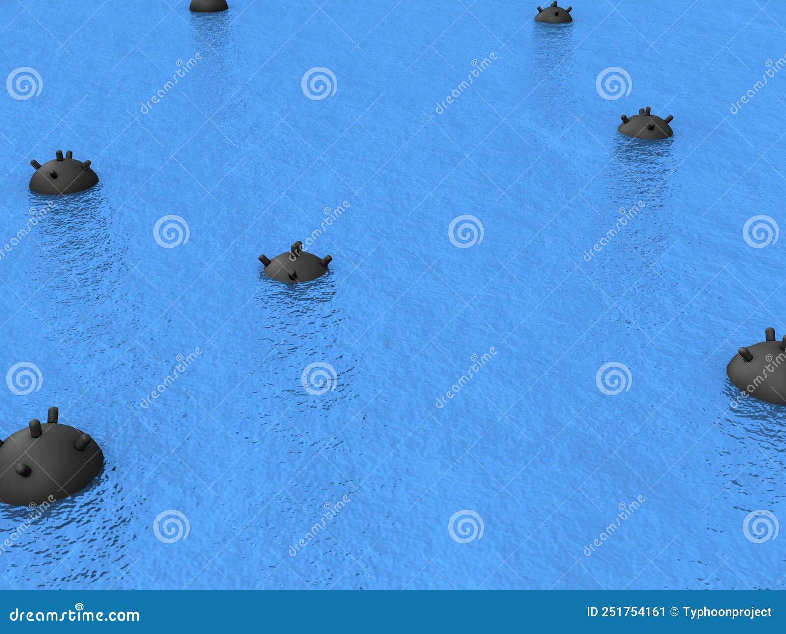 Multiple Mines Floating on the Surface of the Sea. Maritime Blockade ...