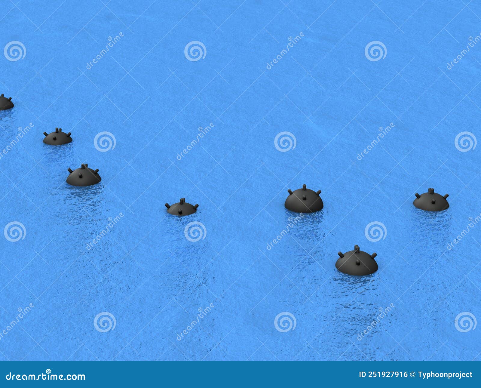 Multiple Mines Floating On The Surface Of The Sea. Maritime Blockade ...