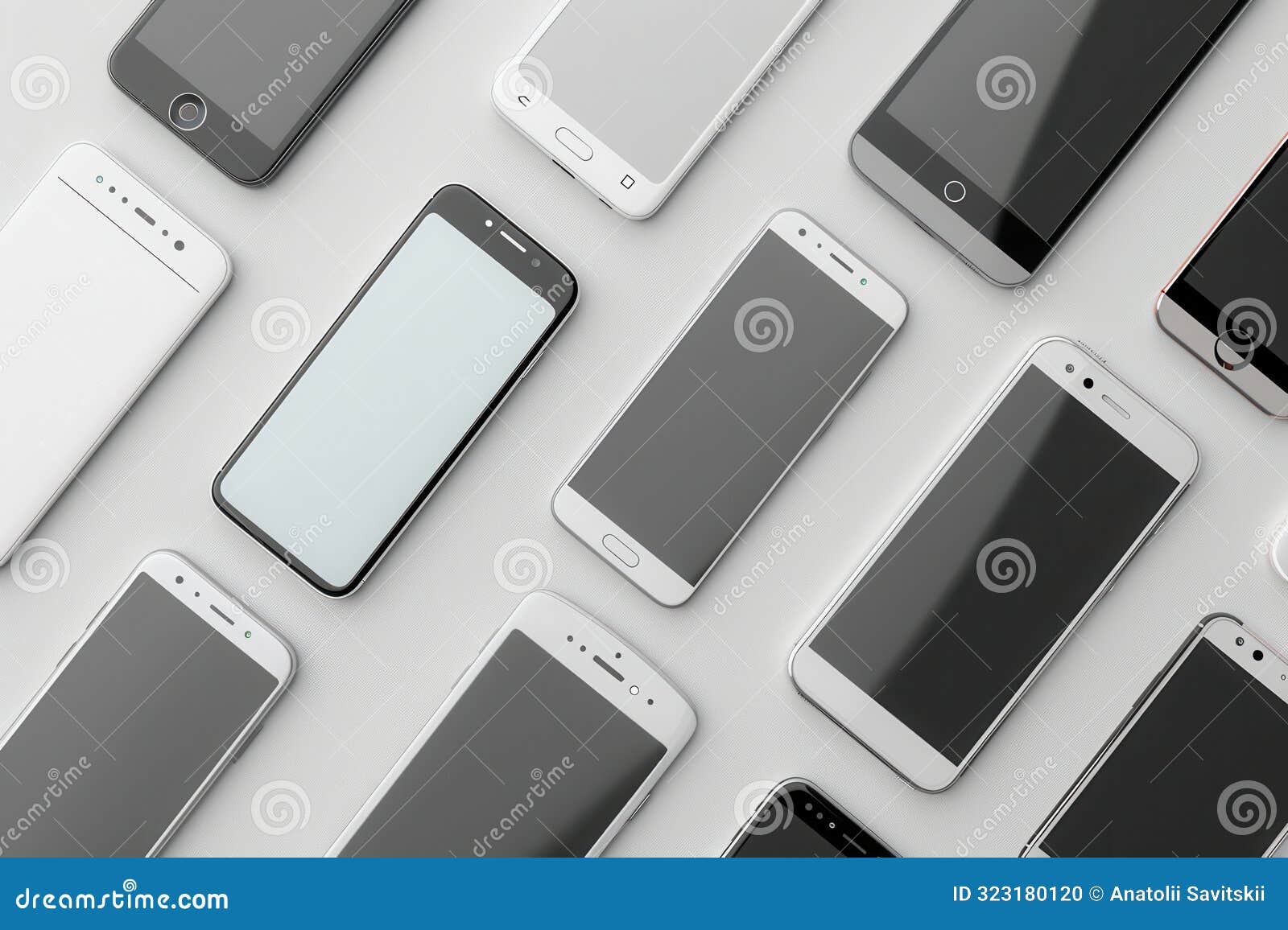 Multiple Modern Smartphones Arranged in Different Angles on a White ...