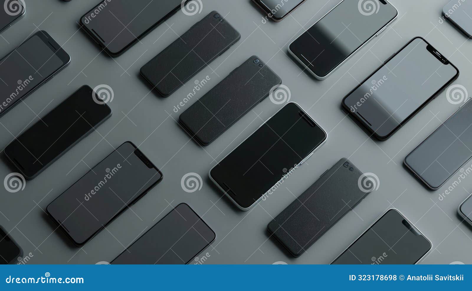 Multiple Modern Smartphones are Arranged in Various Angles on a Grey ...