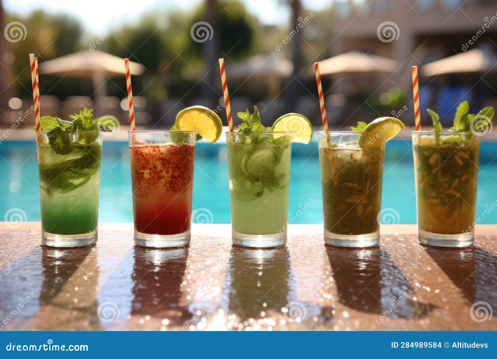 Multiple Mojito Cocktails Lined Up on Poolside Table Stock Illustration ...