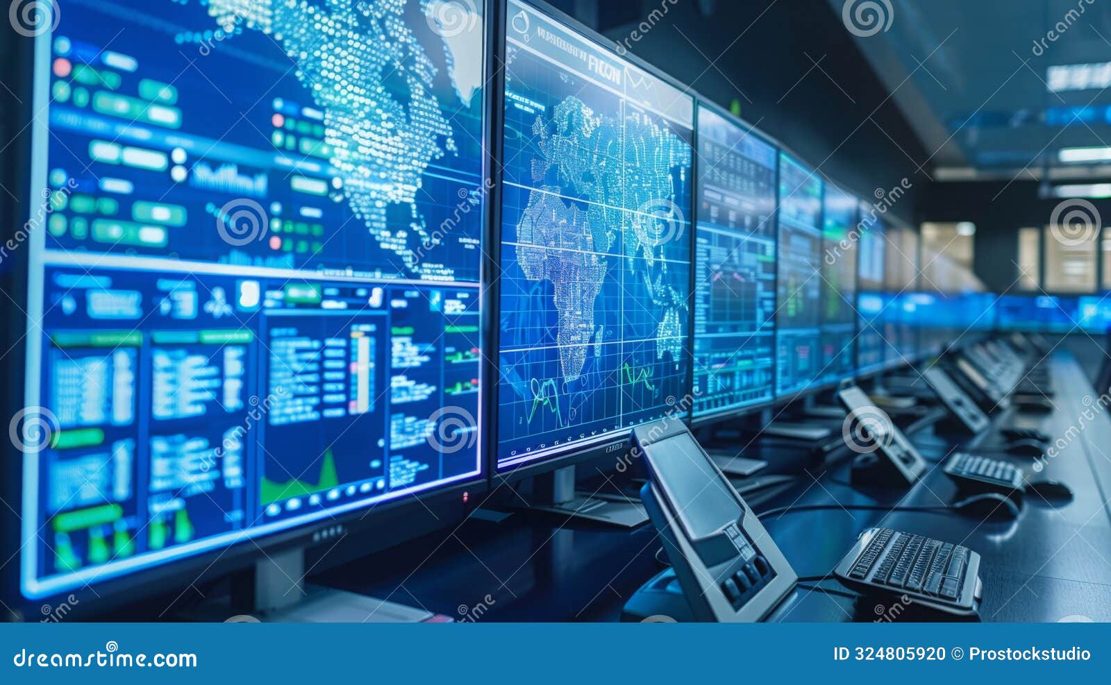 Network Monitoring Room with World Map Displays Stock Photo - Image of ...