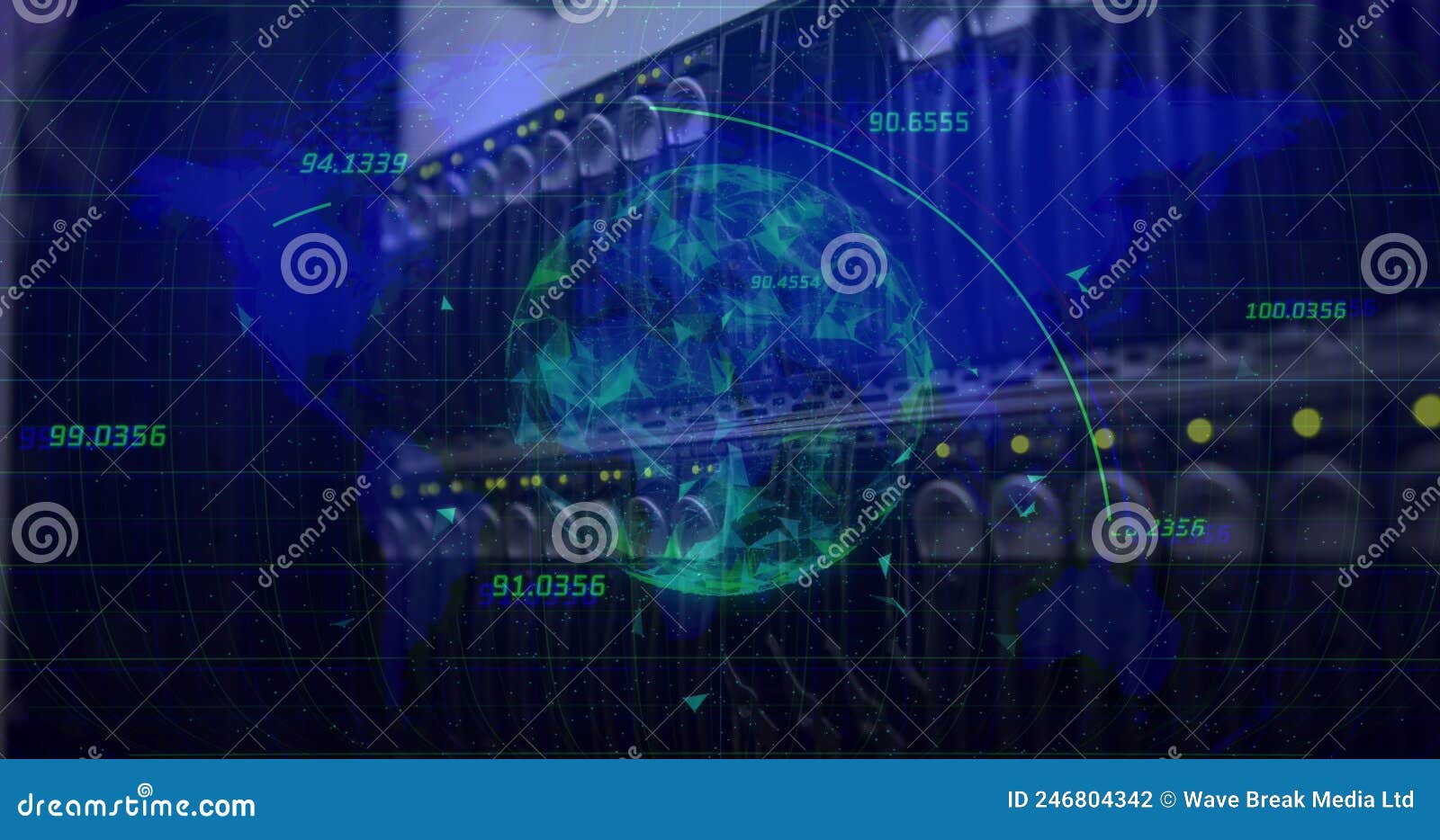 Multiple Numbers Floating Over Globe of Plexus Networks Against Close Up of a Computer Server ...