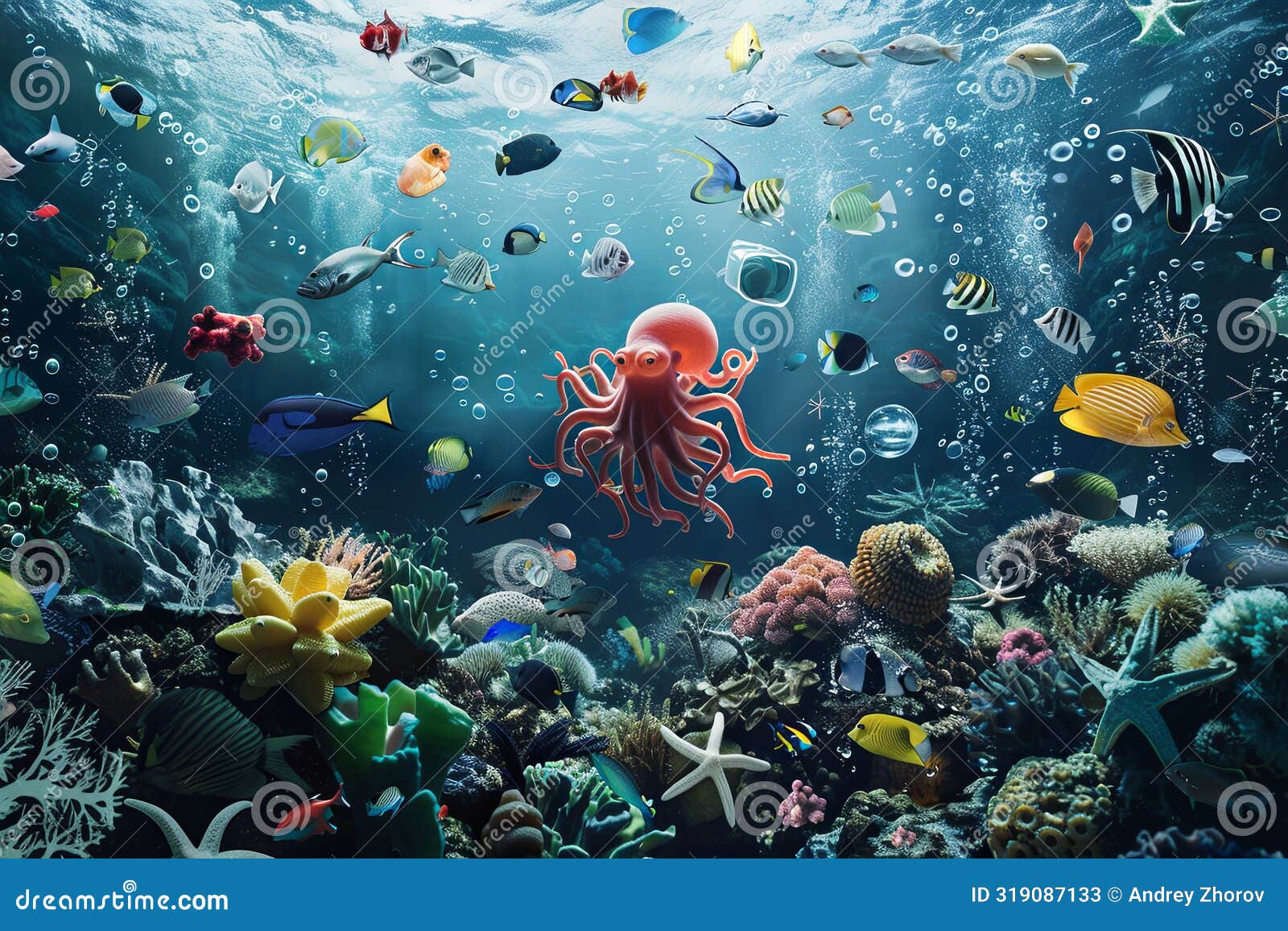 Multiple Octopuses Swimming in a Digital Aquarium Setting. Generative ...