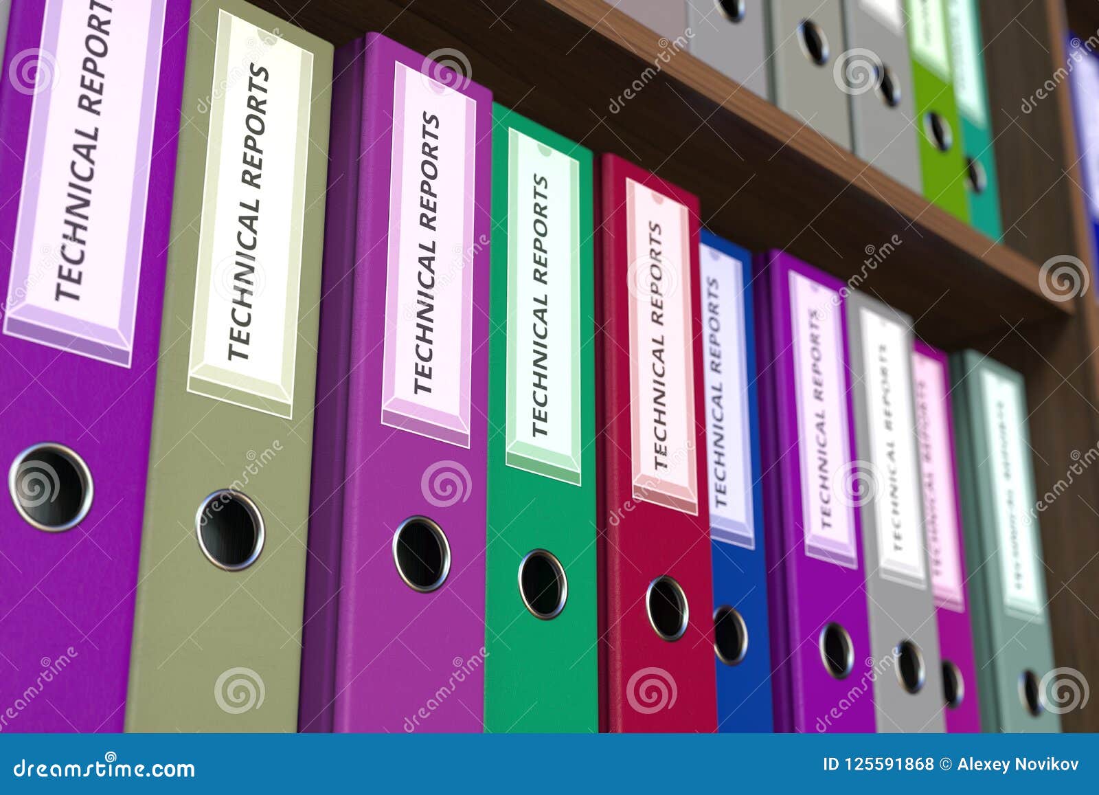 Many Office Binders with TECHNICAL REPORTS Inscription. 3D Rendering ...