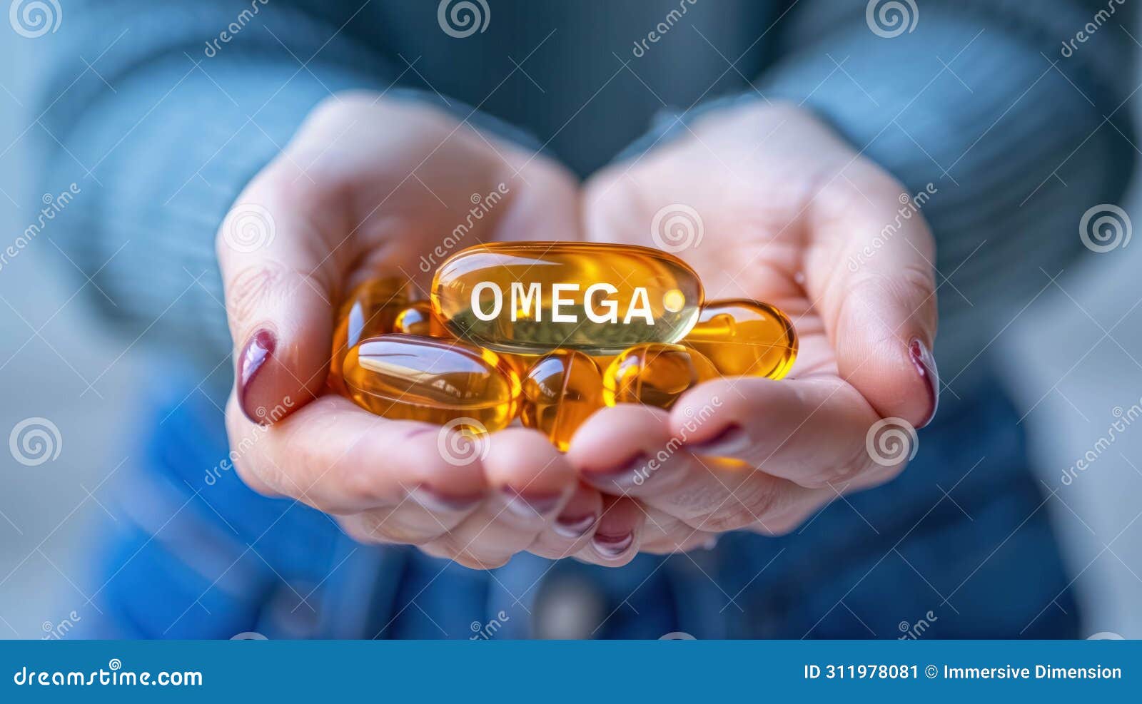 Multiple Omega-3 Essentials in Hands with Text "Omega". Presenting ...