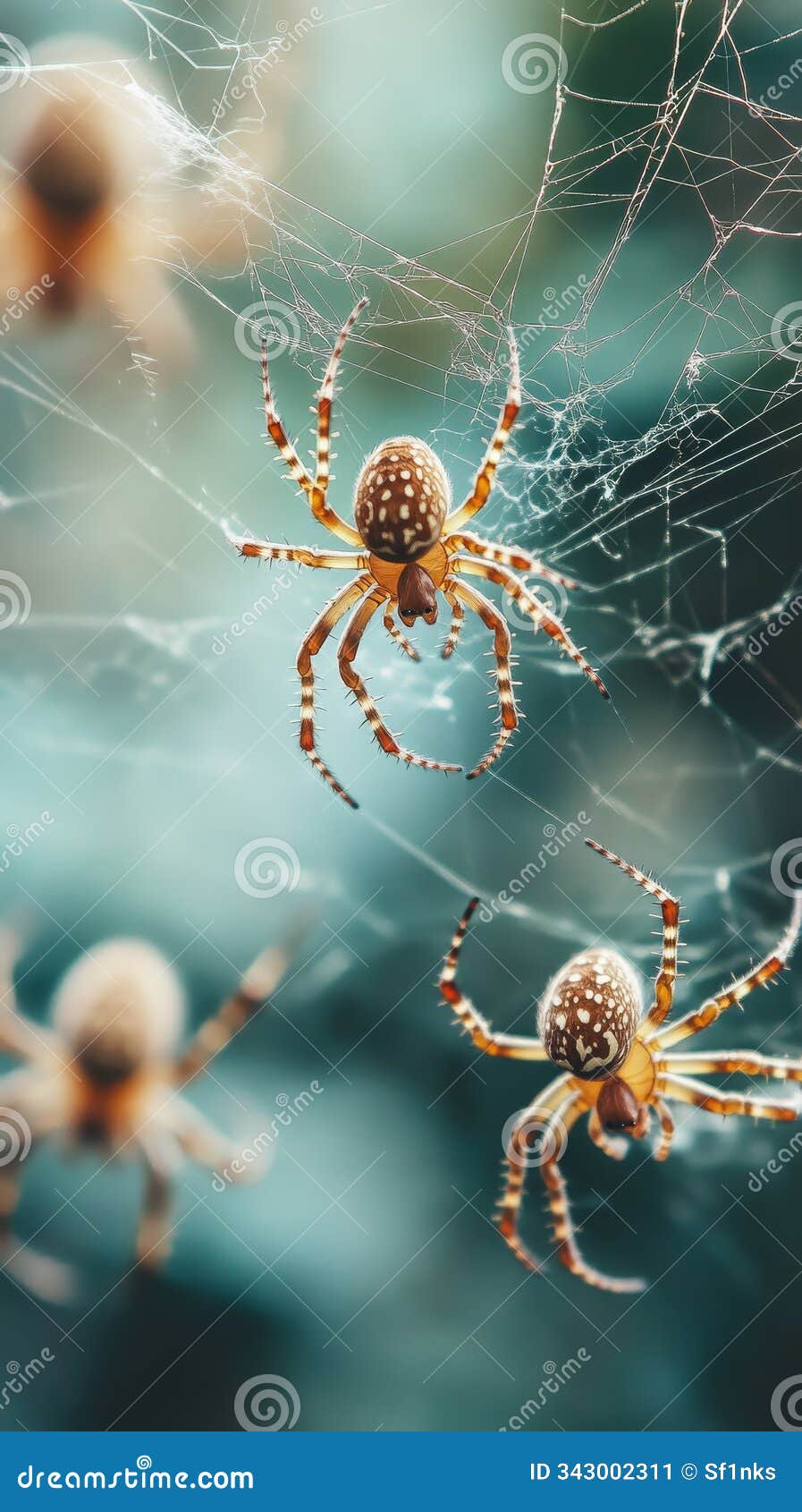 Multiple Orb Weaver Spiders Interacting on an Intricate Web Against a ...