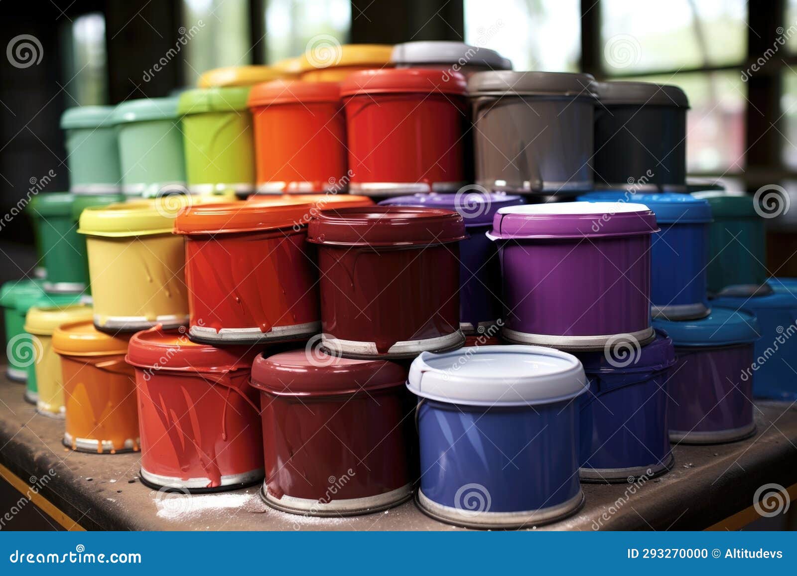 Multiple Paint Cans Stacked with Colored Lids Facing Up Stock Photo ...