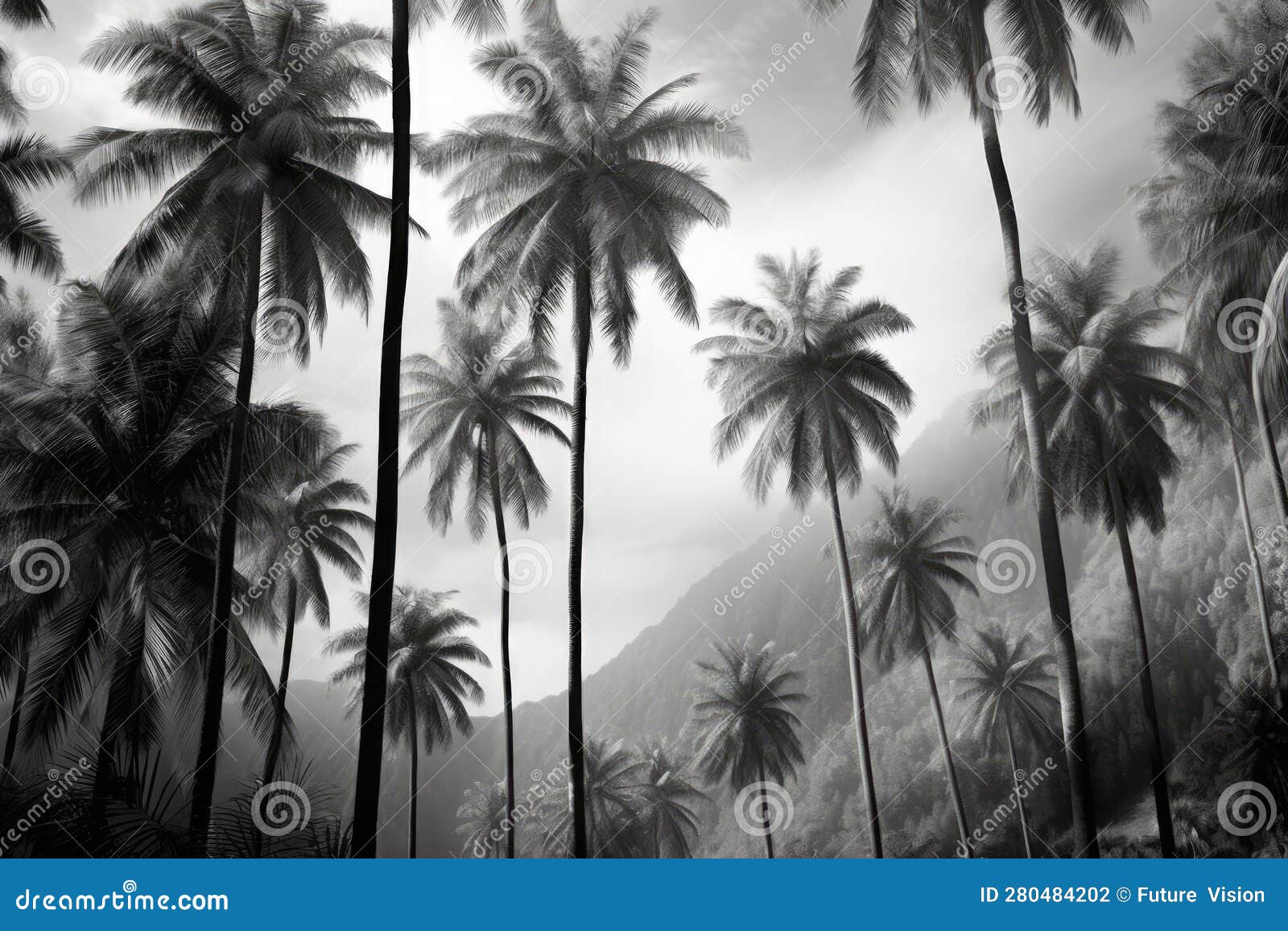 Multiple Palm Trees and Mountains in Black and White, Created Using ...