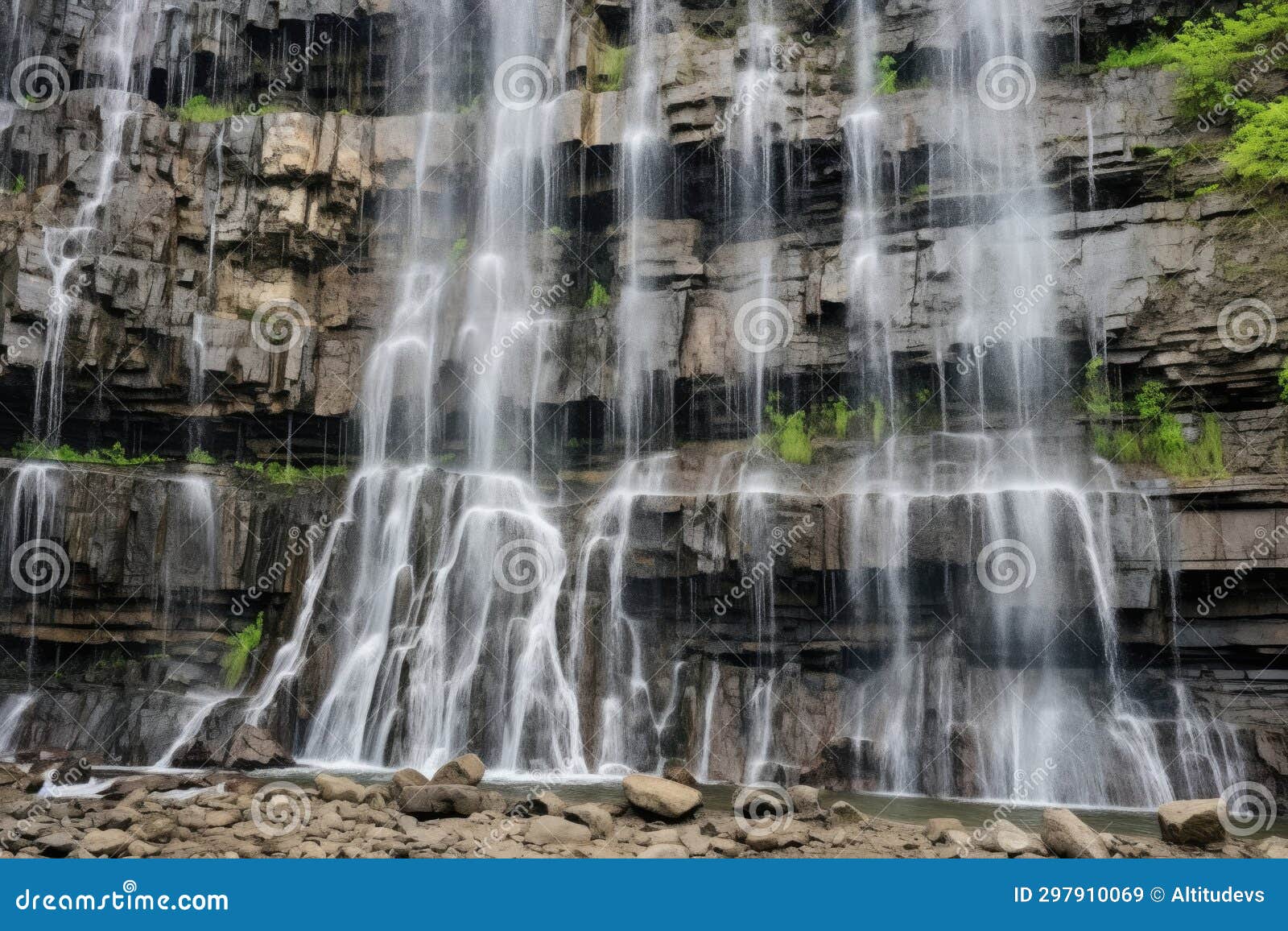 Multiple Parallel Cascading Waterfalls Down Rock Face Stock Image ...