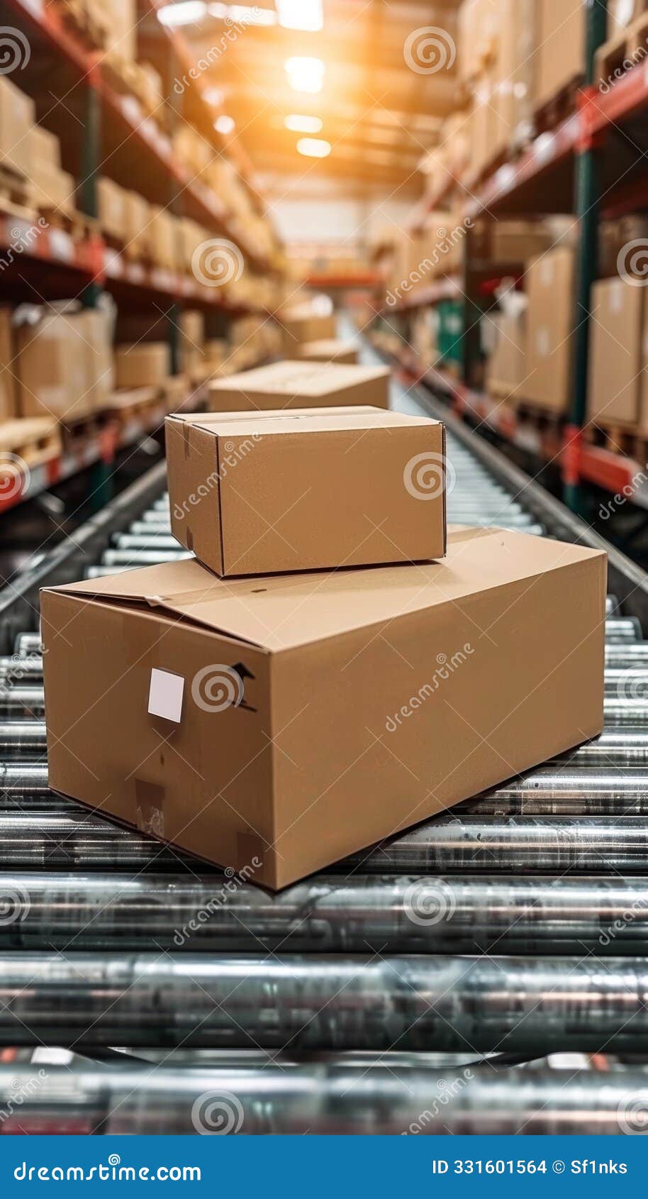 Multiple Parcels Move through Distribution Center with Shelves in ...