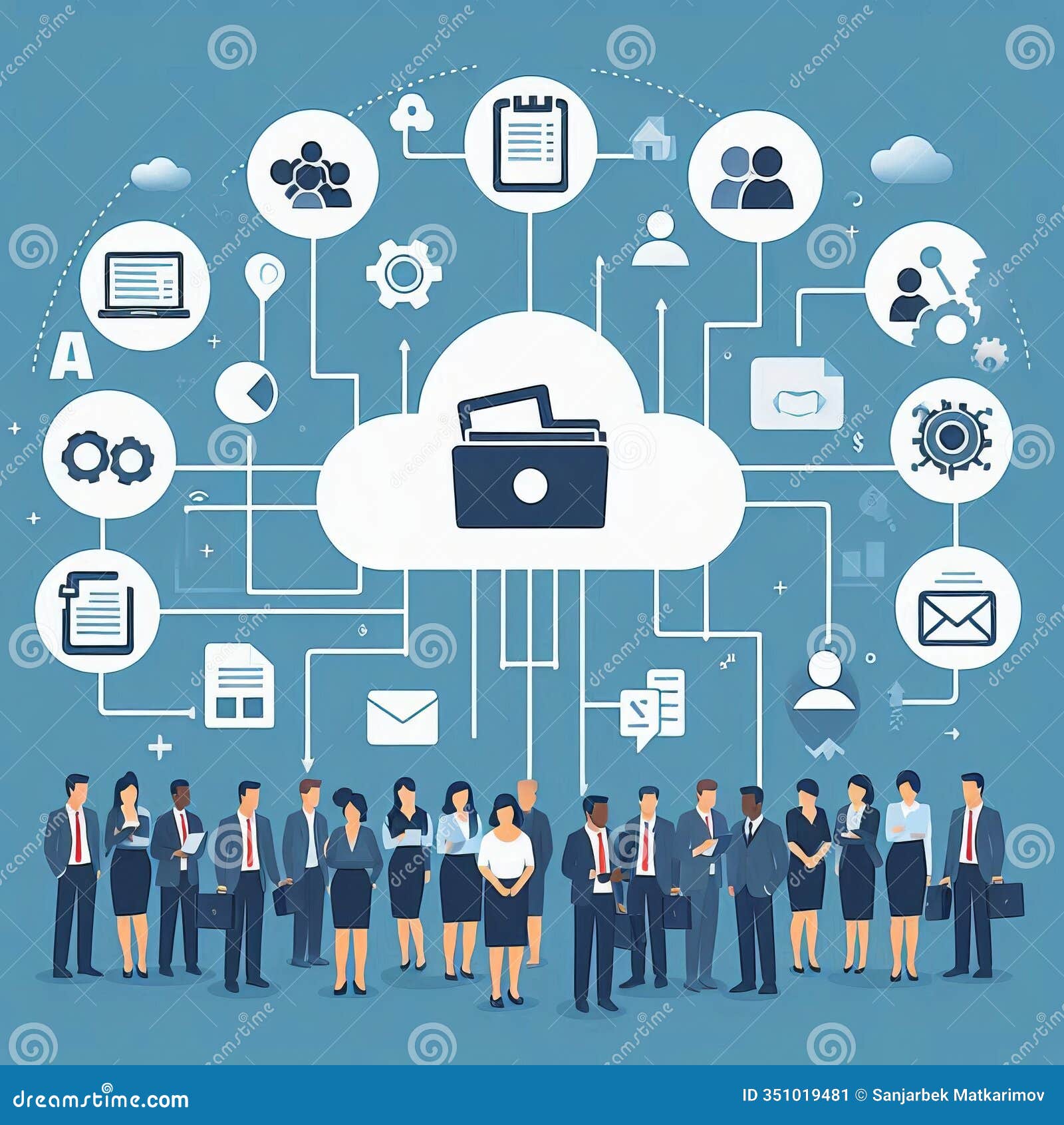Multiple People Icons Connect through a Shared Cloud Representin Stock ...