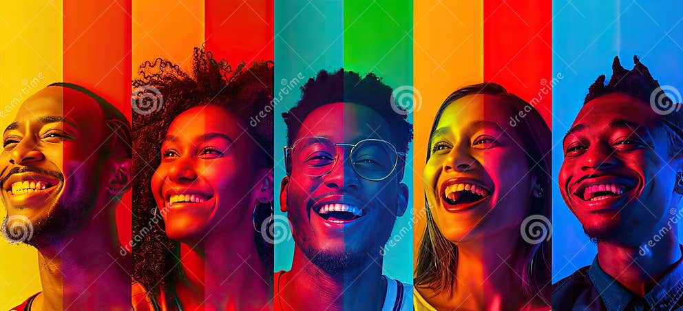 Multiple Peoples Faces Assembled Creatively on a Vibrant Backdrop Stock ...