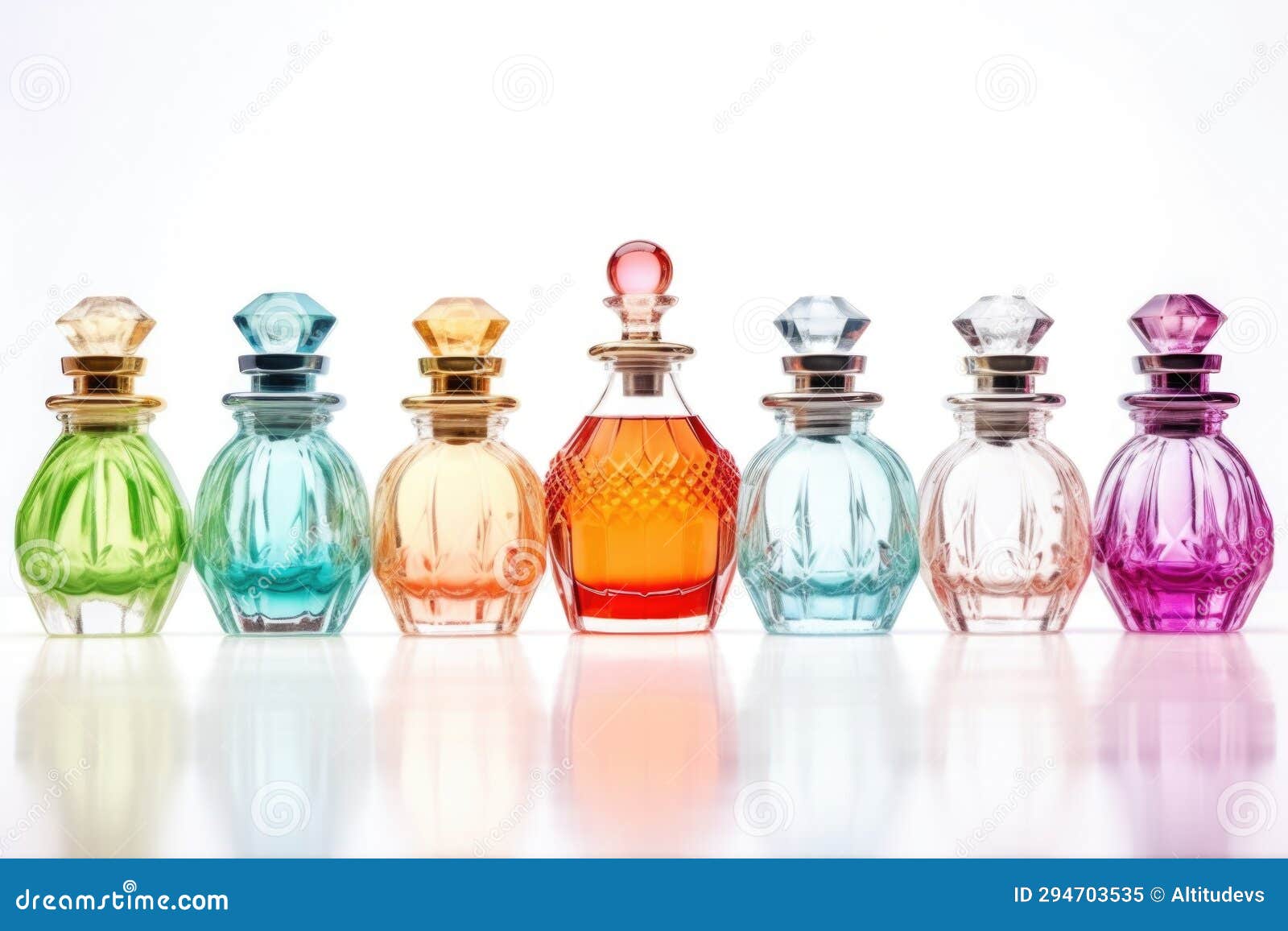 Multiple Perfume Bottles Organized by Color on a Light Background Stock ...