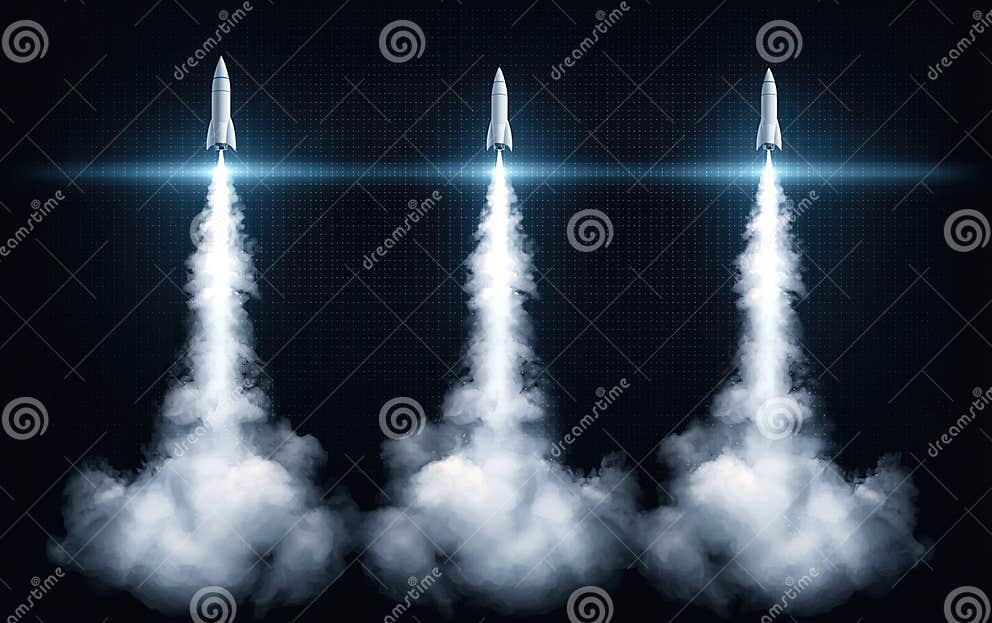 Multiple Rockets Launch Together Against a Dark Background, Creating a ...