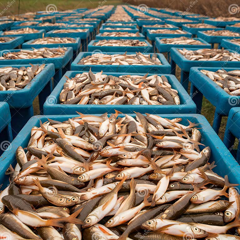 Multiple Rows of Blue Platforms with Small Fish, Drying in the Open ...