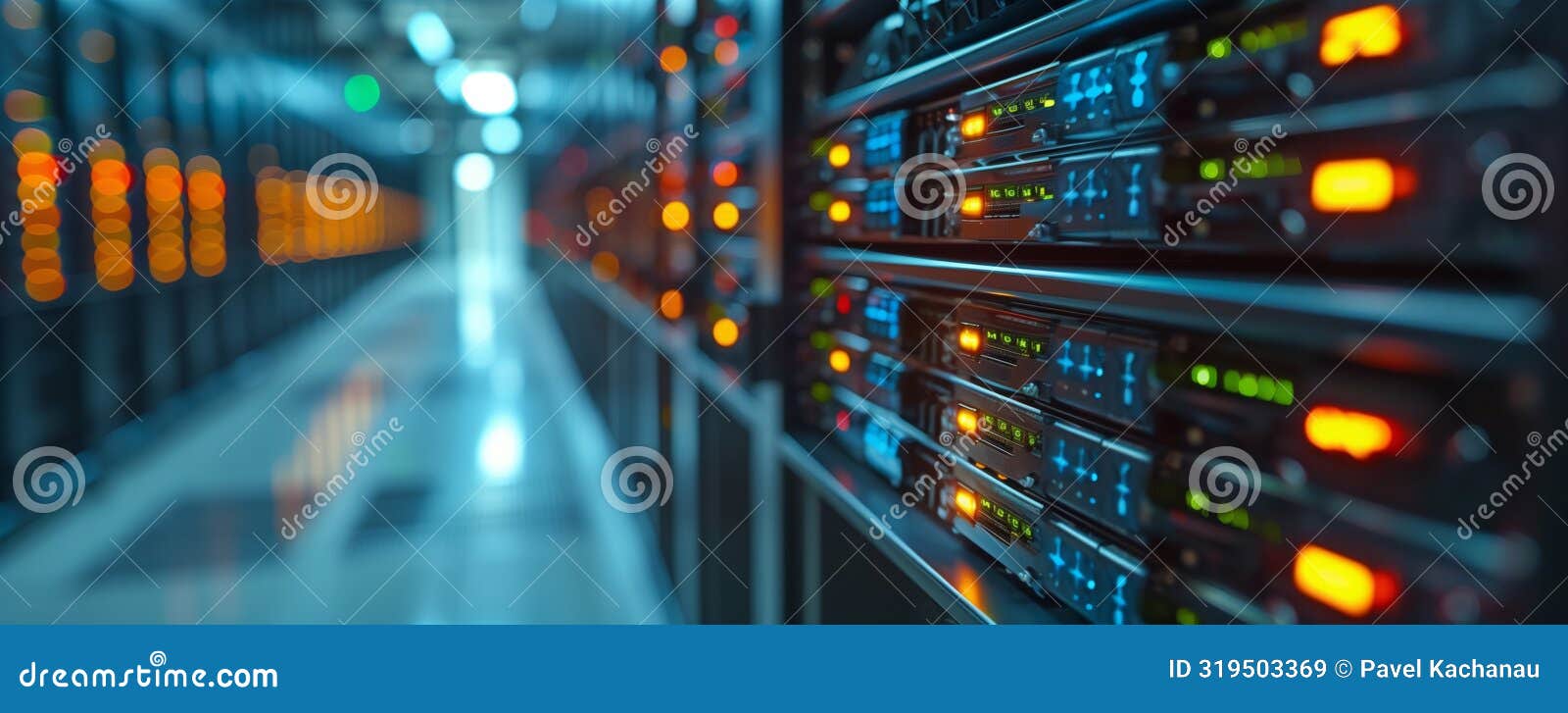 Multiple Rows of Server Racks in a Busy Data Center, Showing ...