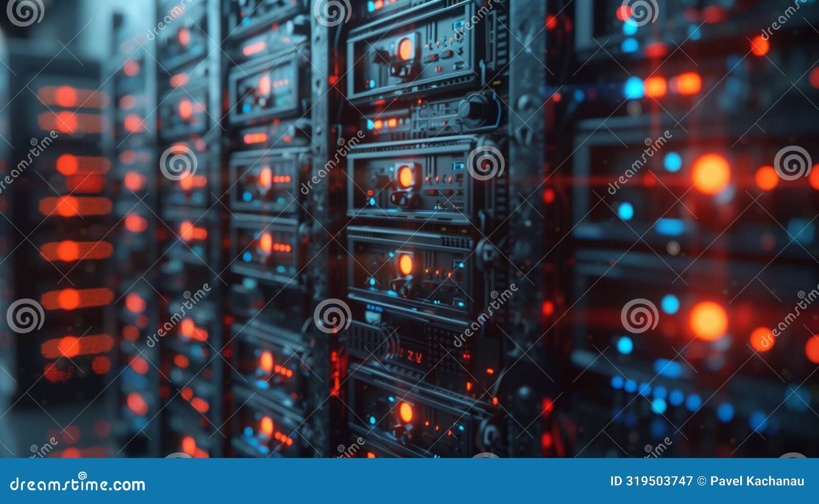 Multiple Rows of Servers Emitting Red and Blue Lights in a Data Center ...