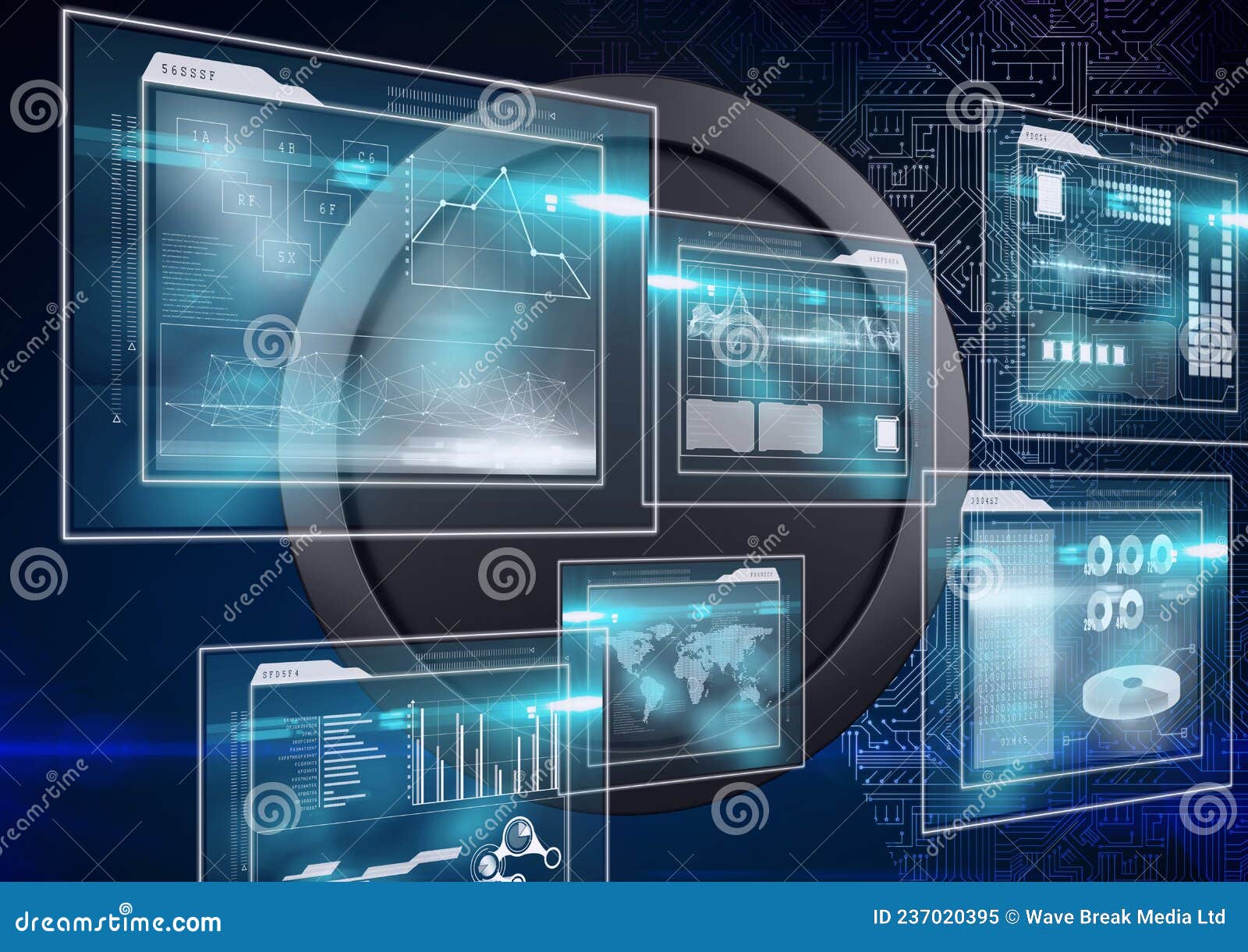 Multiple Screens With Data Processing Against Microprocessor Connections On Blue Background