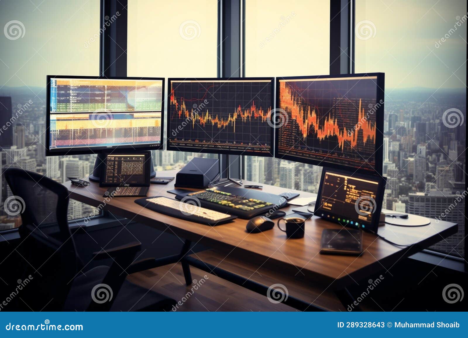 Multiple Screens Display Financial Reports, Graphs, and Charts in a ...