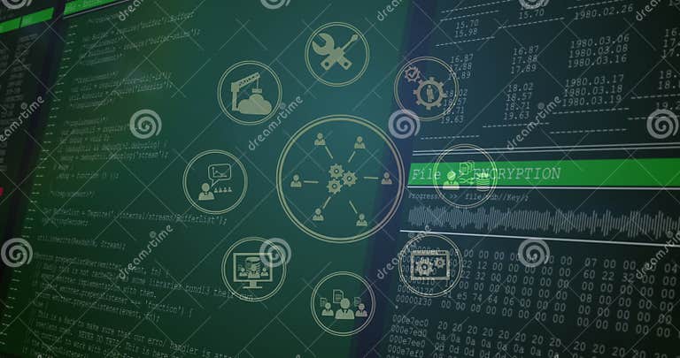 Multiple Screens Displaying Various Cybersecurity Data and Encryption Processes Stock ...