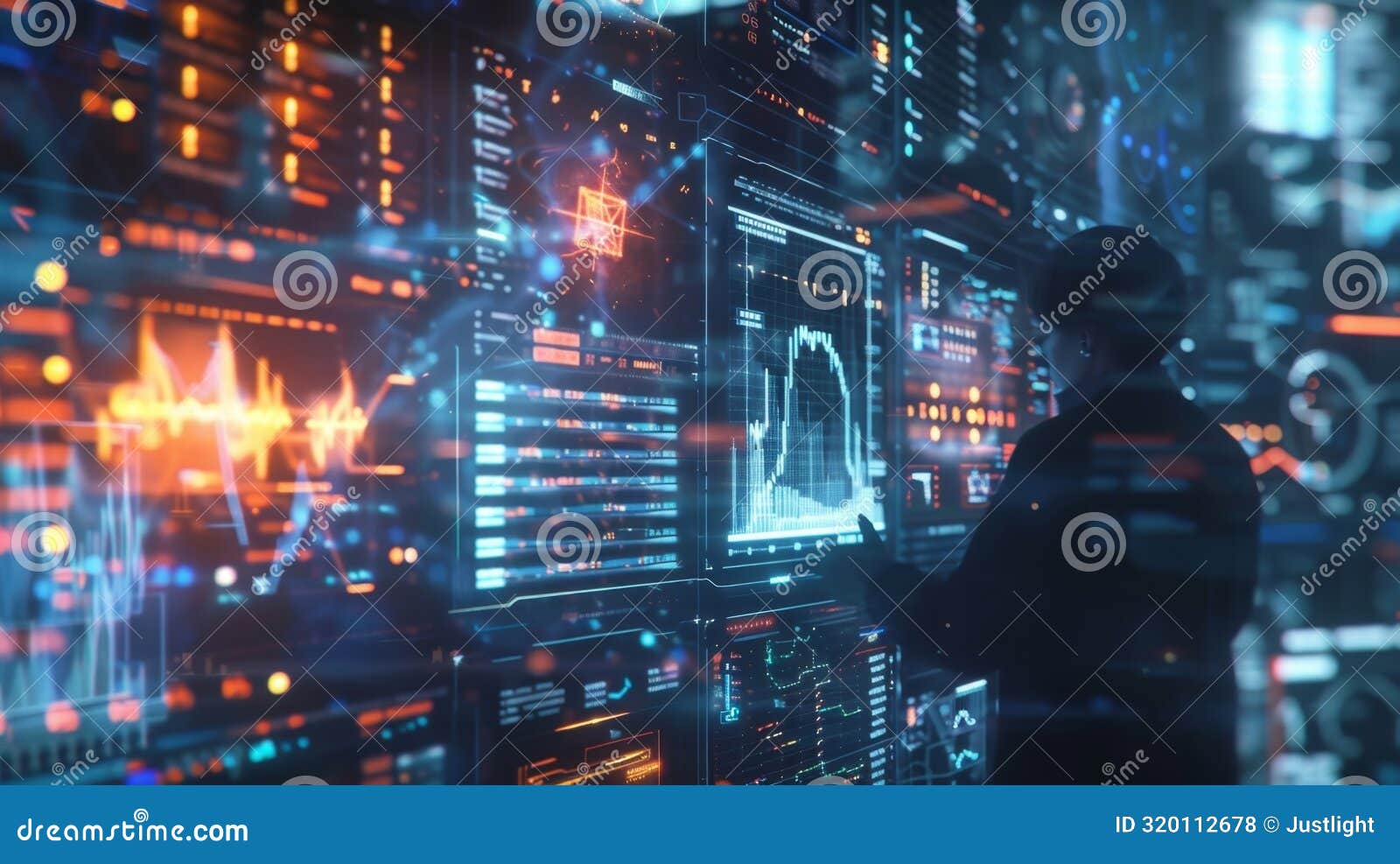 Multiple Screens and Projections Appear Around the Scientist Displaying ...