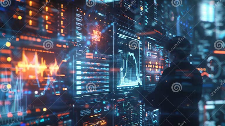 Multiple Screens and Projections Appear Around the Scientist Displaying ...