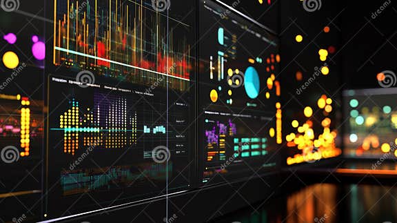 Multiple Screens Showing Colorful Futuristic User Interface with Charts ...