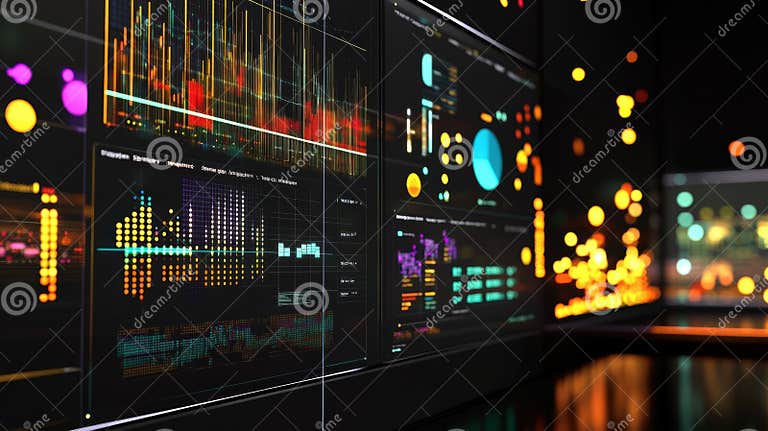 Multiple Screens Showing Colorful Futuristic User Interface with Charts and Data Analysis Stock ...