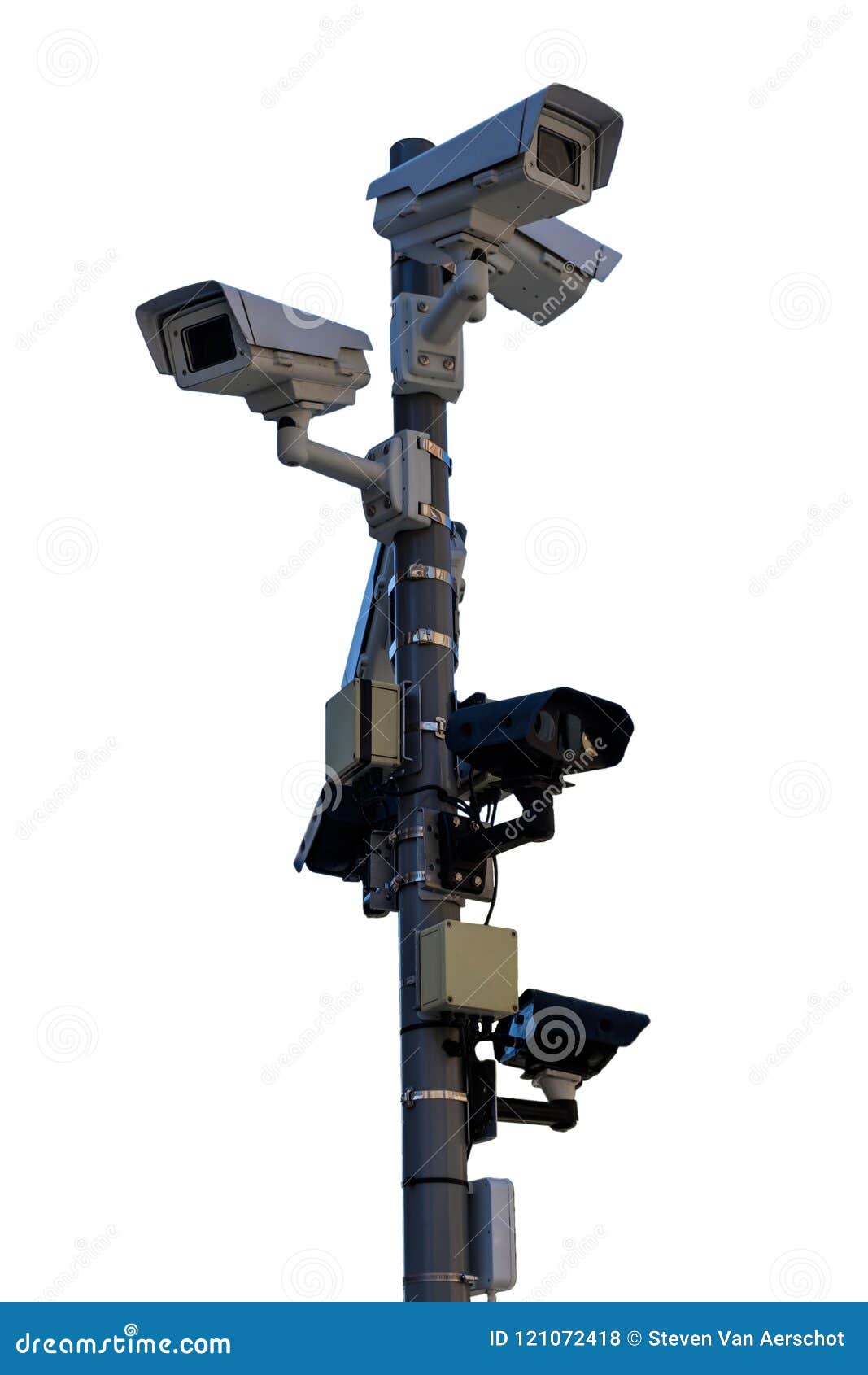 Multiple Security Cameras On Pole. Isolated Stock Photo - Image of ...