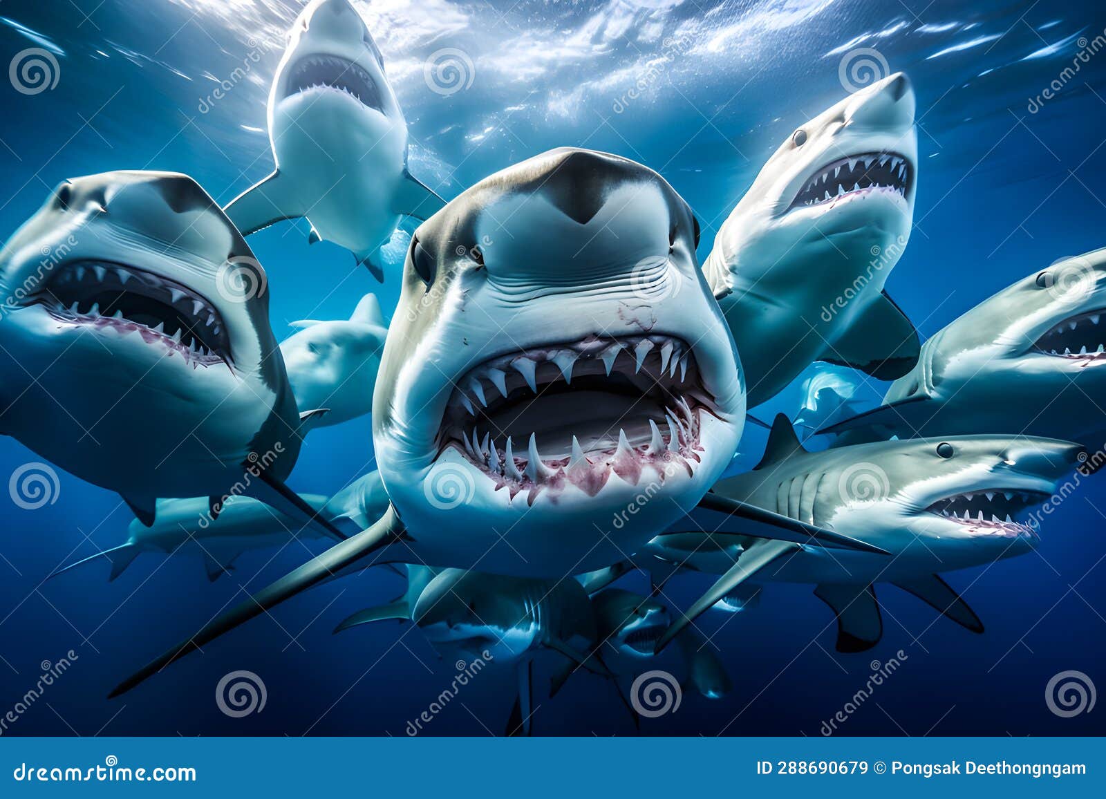 Multiple Shark Face only Packed Together and Straight Look the Same Way ...
