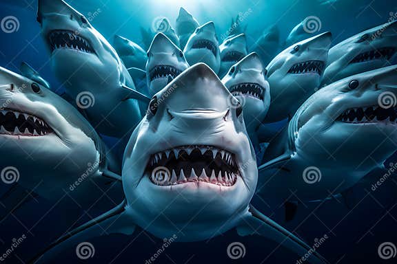 Multiple Shark Face only Packed Together and Straight Look the Same Way ...