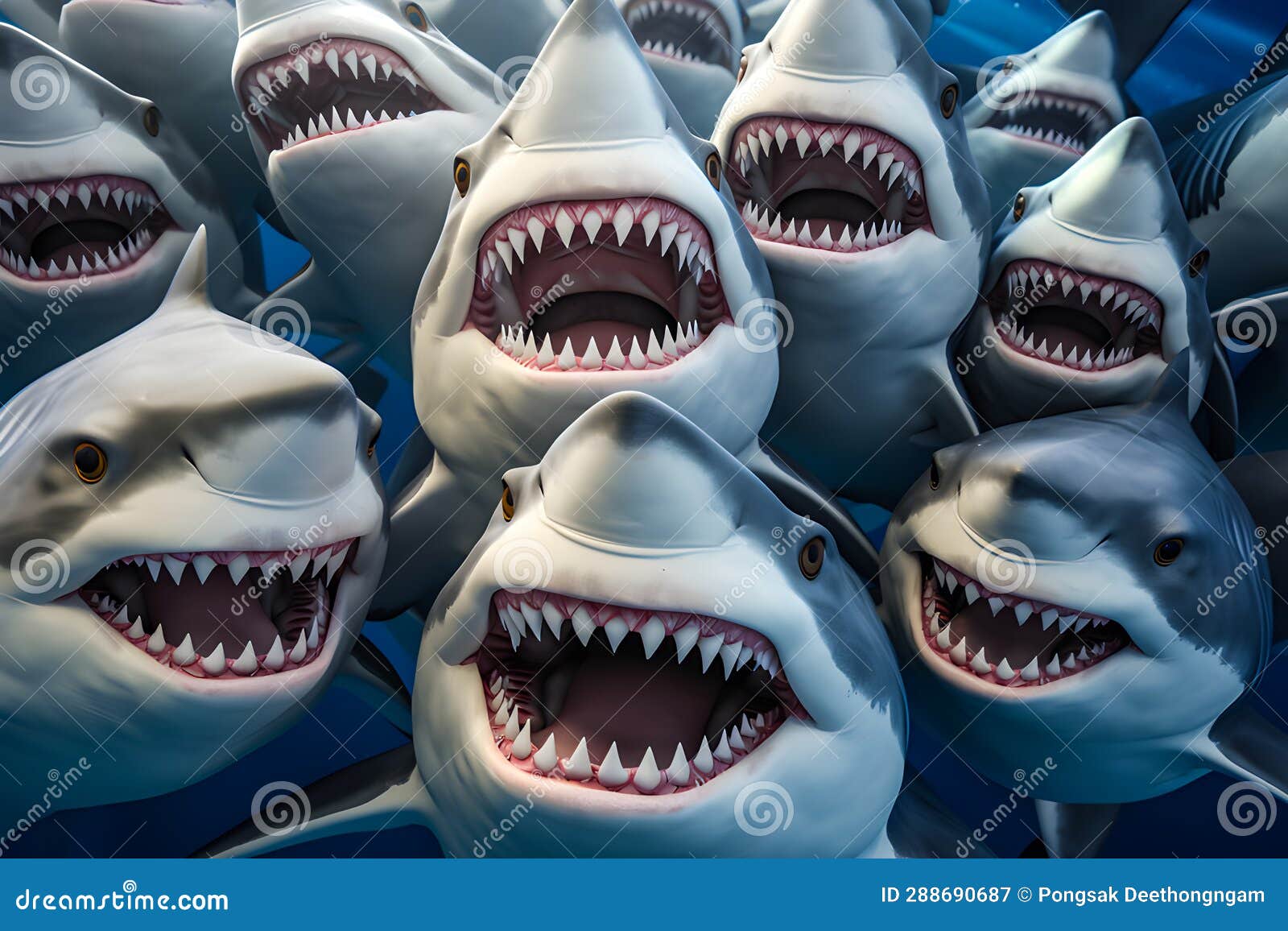 Multiple Shark Face only Packed Together and Straight Look the Same Way ...
