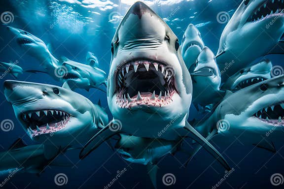 Multiple Shark Face only Packed Together and Straight Look the Same Way ...