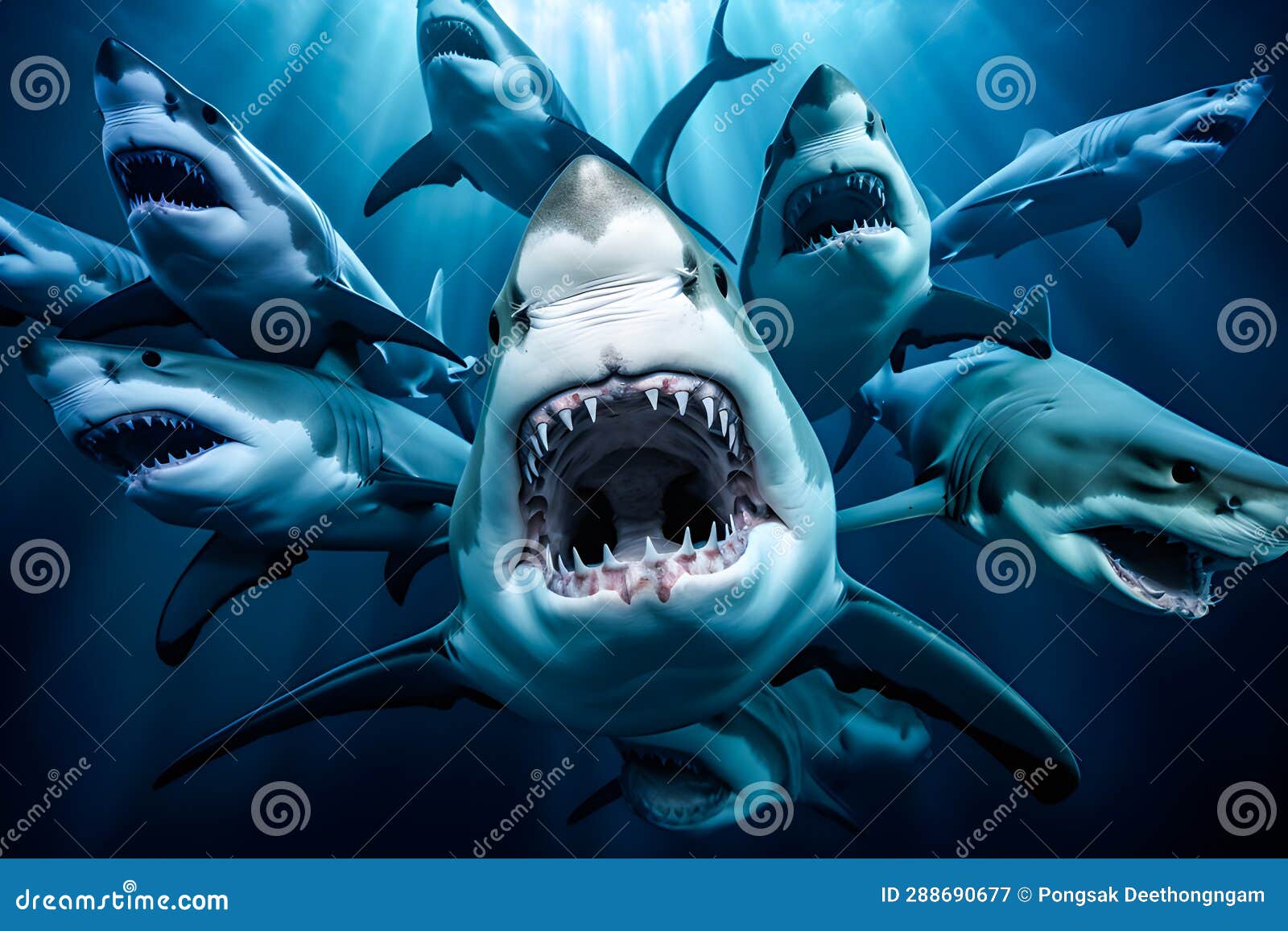 Multiple Shark Face only Packed Together and Straight Look the Same Way ...