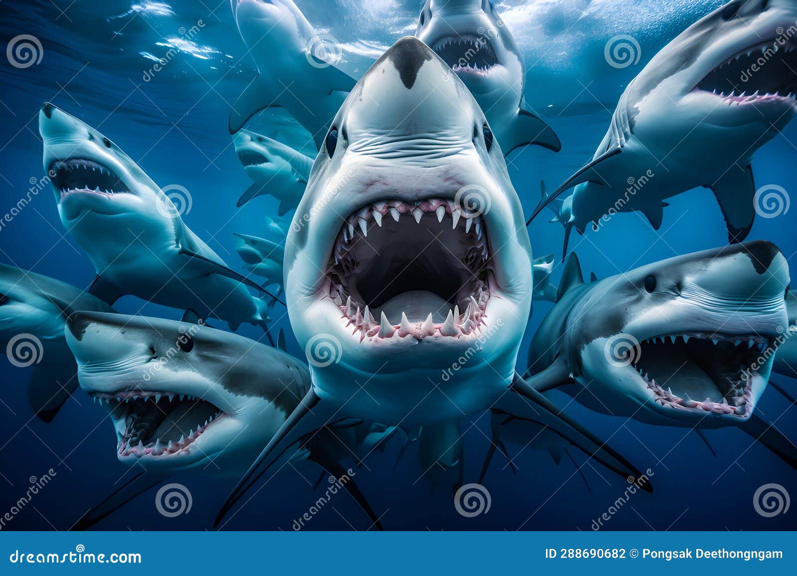 Multiple Shark Face only Packed Together and Straight Look the Same Way ...