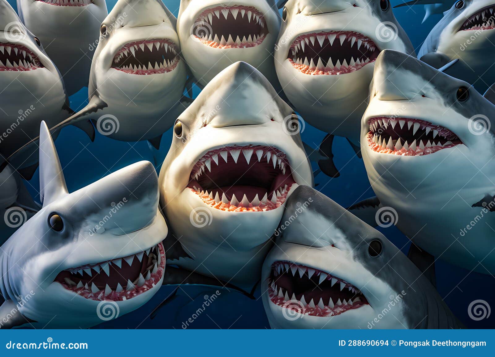 Multiple Shark Face only Packed Together and Straight Look the Same Way ...