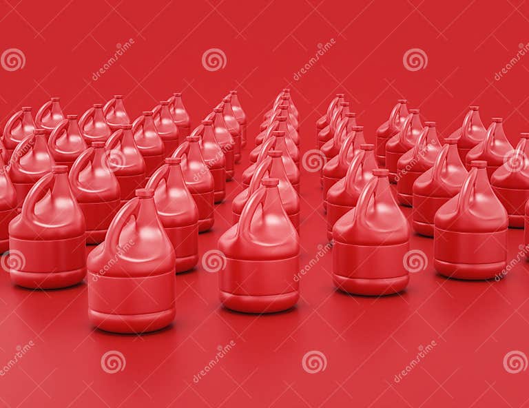 Multiple Shiny Red Plastic Bleach Containers in Rows on Red Background ...