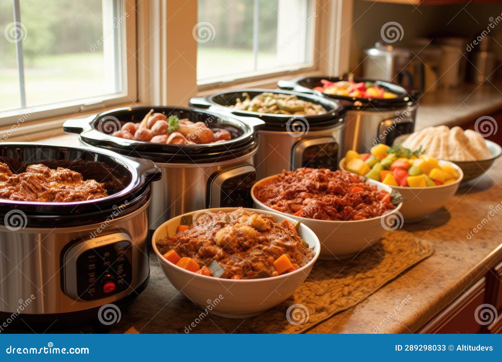 Multiple Slow Cookers Lined Up, Each with Different Meals Inside Stock ...