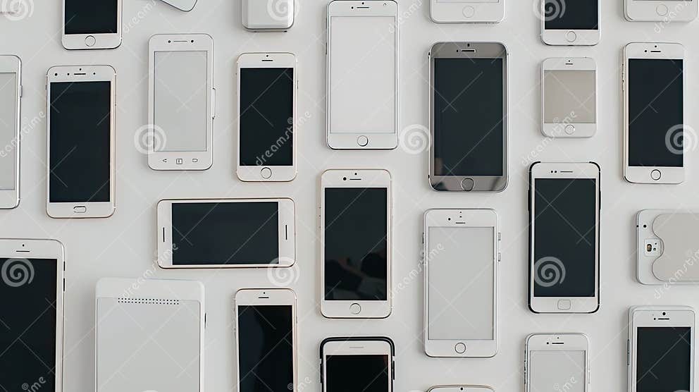Multiple Smartphones are Arranged in a Symmetrical Pattern on a White ...