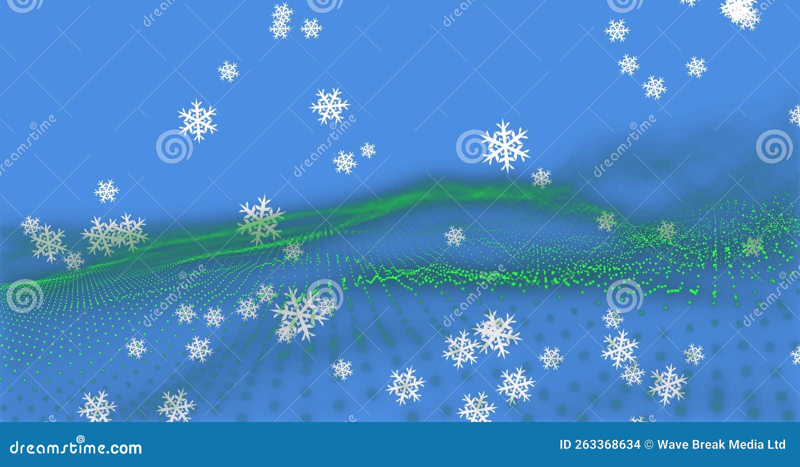 Multiple Snowflakes Icons Falling Over Green Digital Wave Against Blue ...