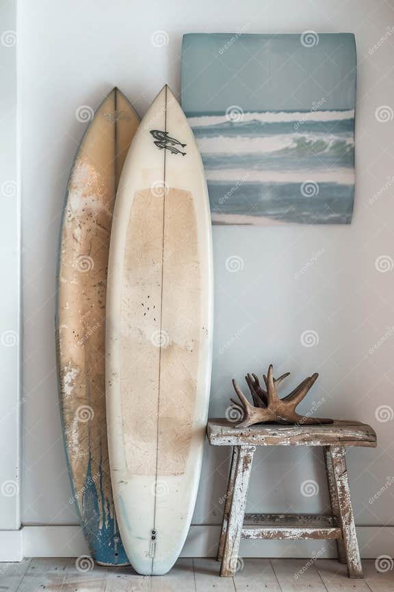 Multiple Surfboards Standing Against a Wall Indoors. Stock Image ...