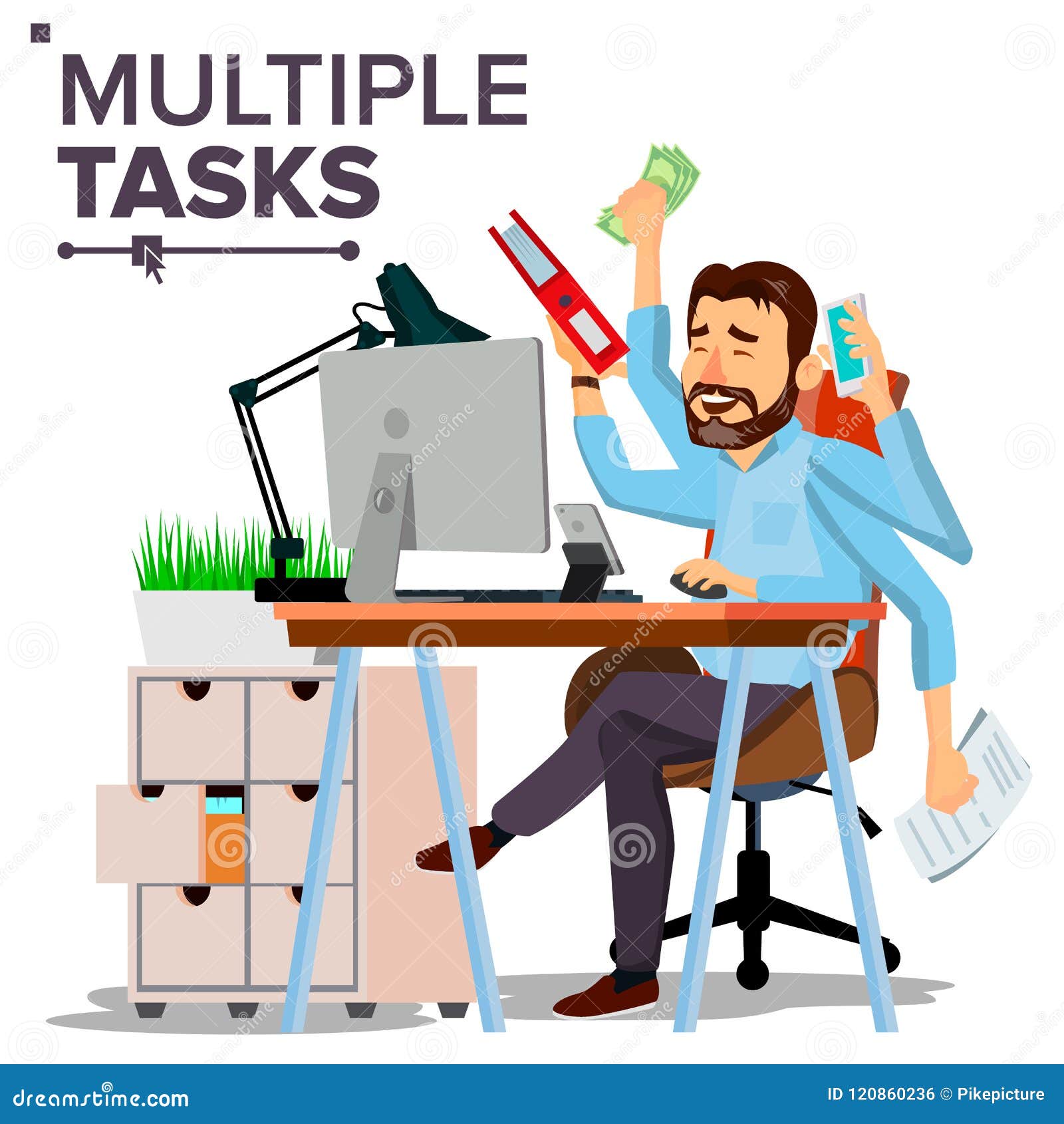 Multiple Tasks Businessman Vector. Many Hands. Efficiency And ...