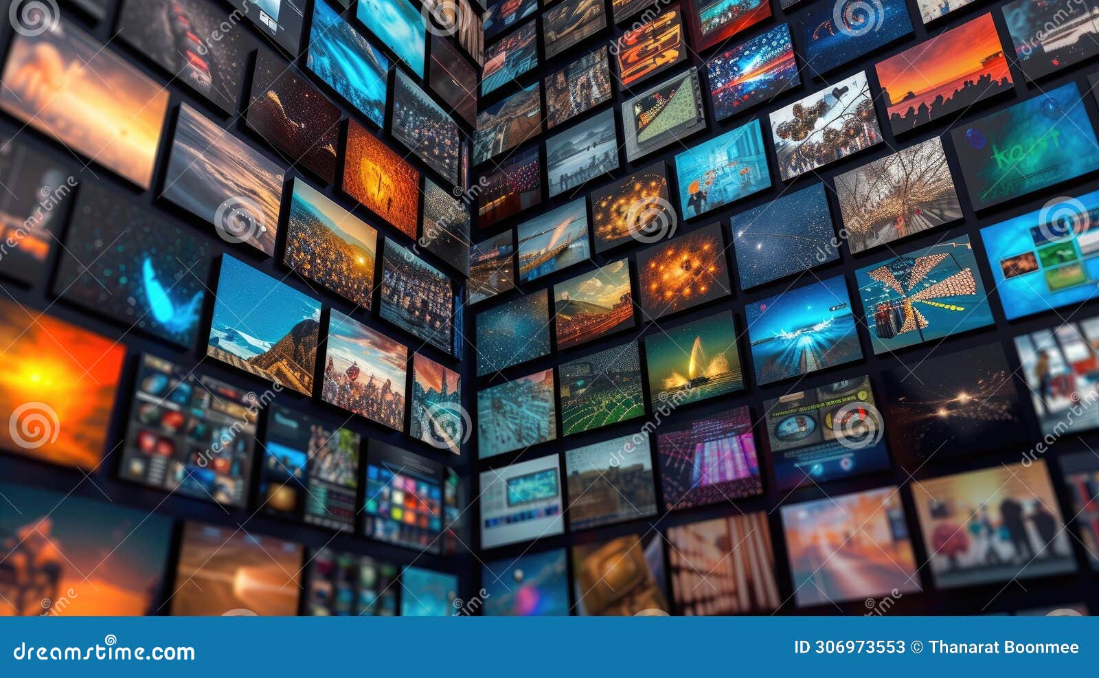 Multiple Television Screens Displaying Various TV Channels, Embodying ...